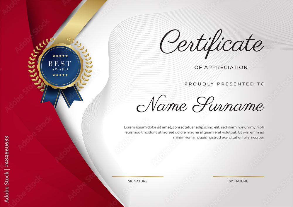 Luxury certificate of appreciation template with red and gold color ...
