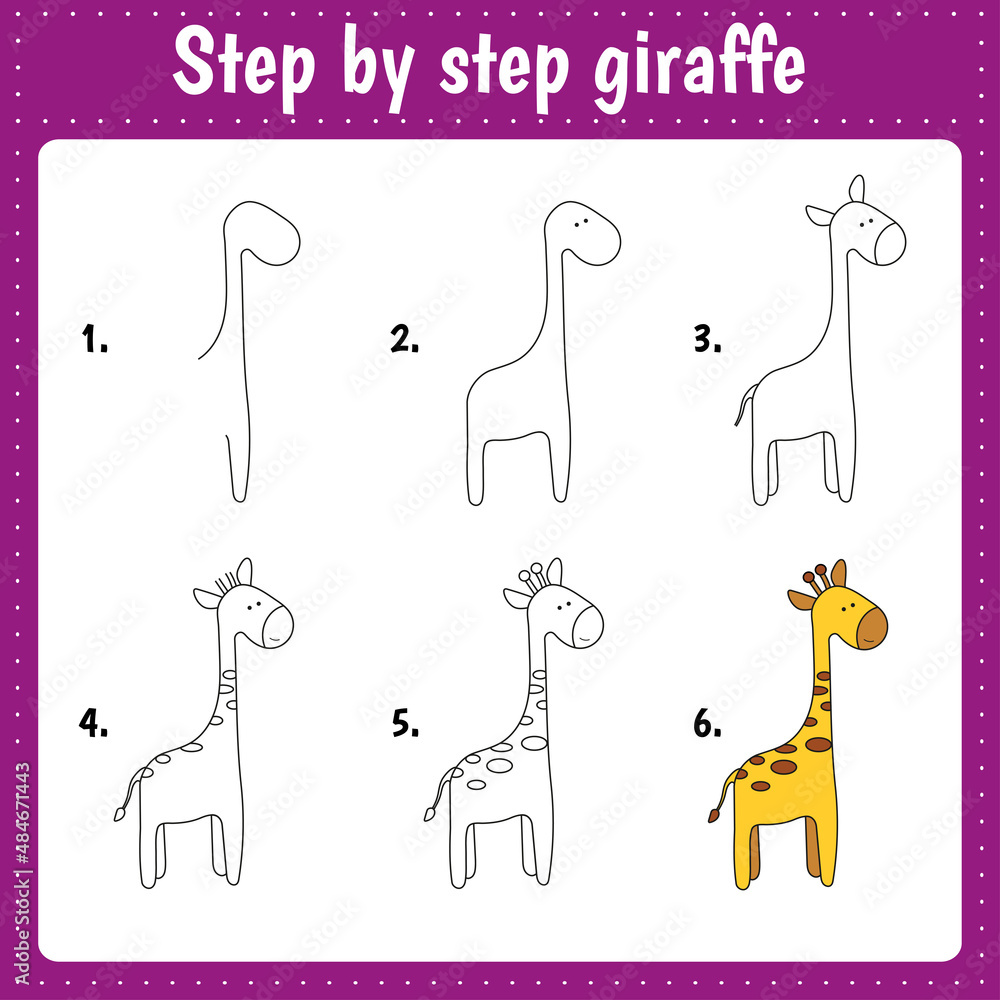 Drawing lesson for children. How draw giraffe. Drawing tutorial with ...