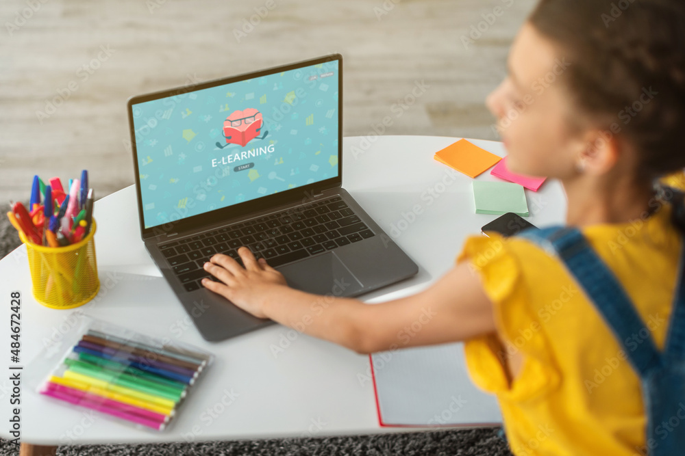 Remote Education. Teen Girl Using Laptop Computer At Home For E ...
