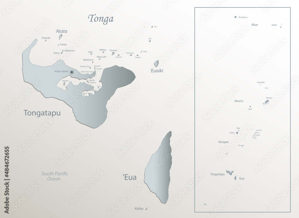 Tonga map, islands with names, white blue card paper 3D vector Stock ...