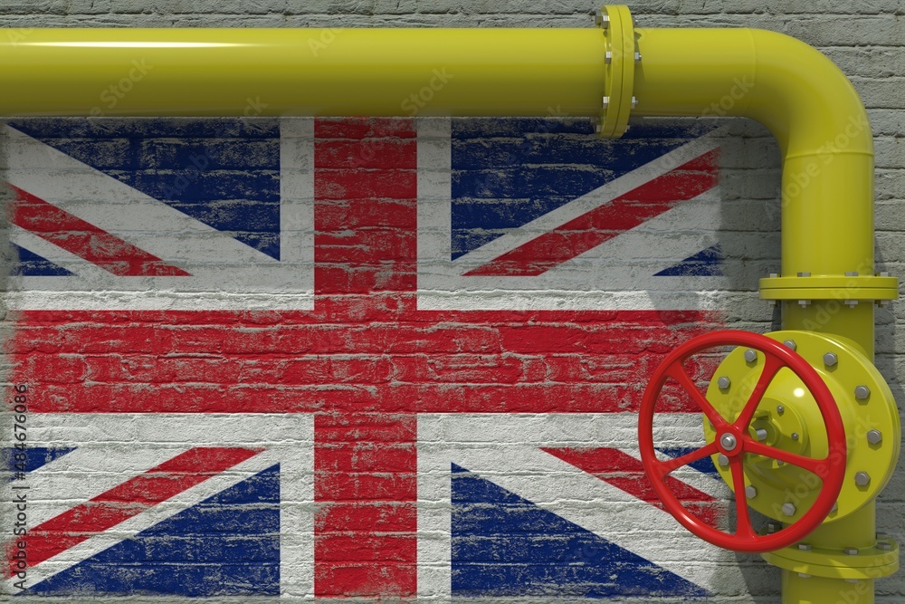 Pipe with valve and flag of the UK. 3d rendering Stock Illustration ...