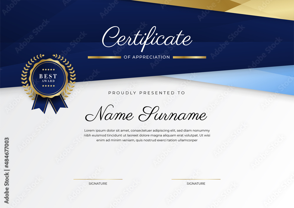 Modern blue certificate template and border, for award, diploma, honor, achievement, graduation ...