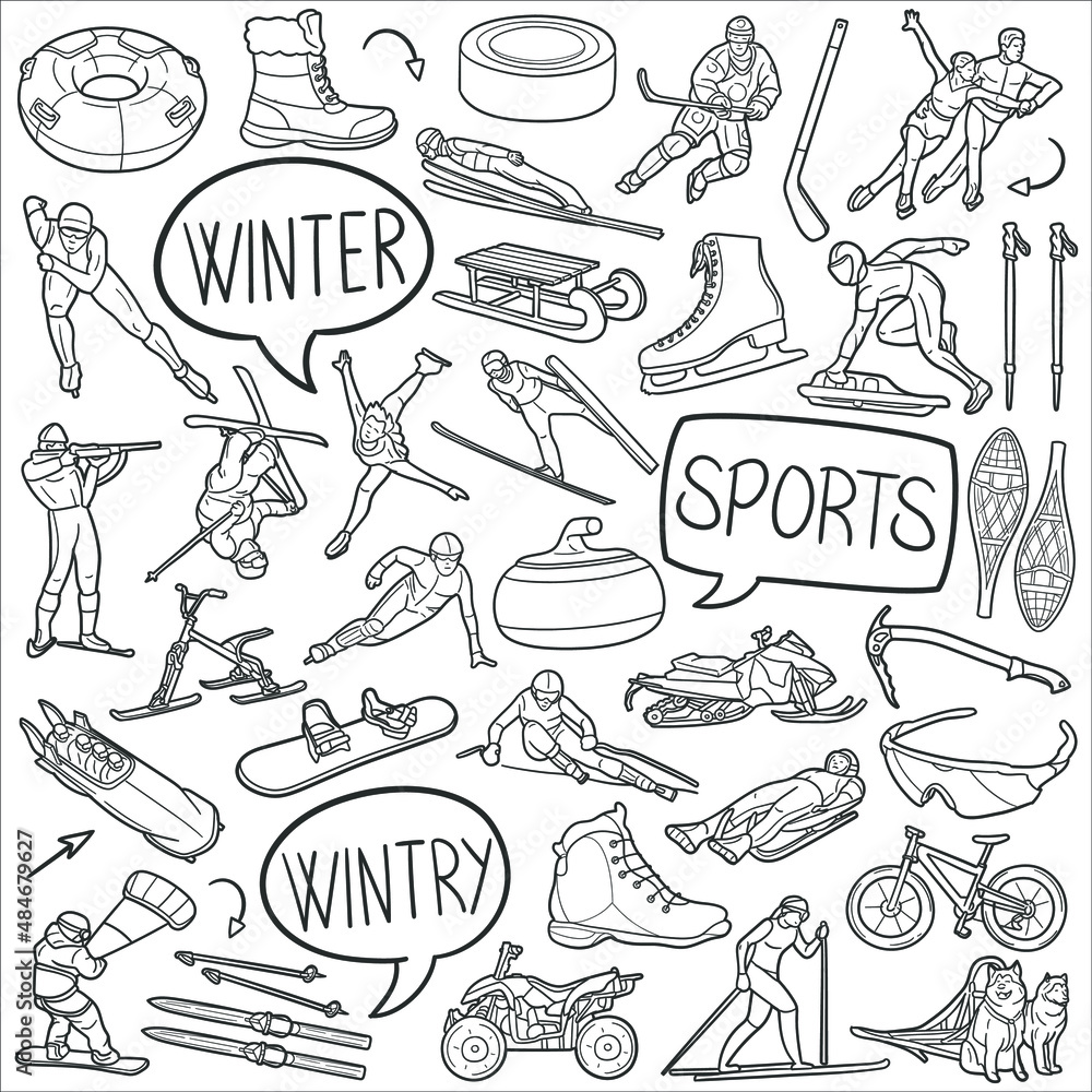 Winter Sports Doodle Icons. Hand Made Line Art. Snow Activity Clipart ...