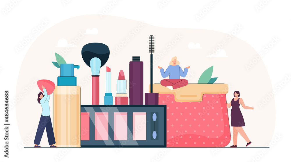 Tiny cartoon beautician characters with huge makeup products. Beauty ...