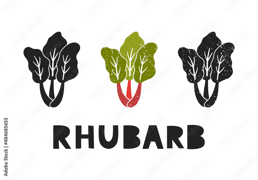 Rhubarb, silhouette icons set with lettering. Imitation of stamp, print ...