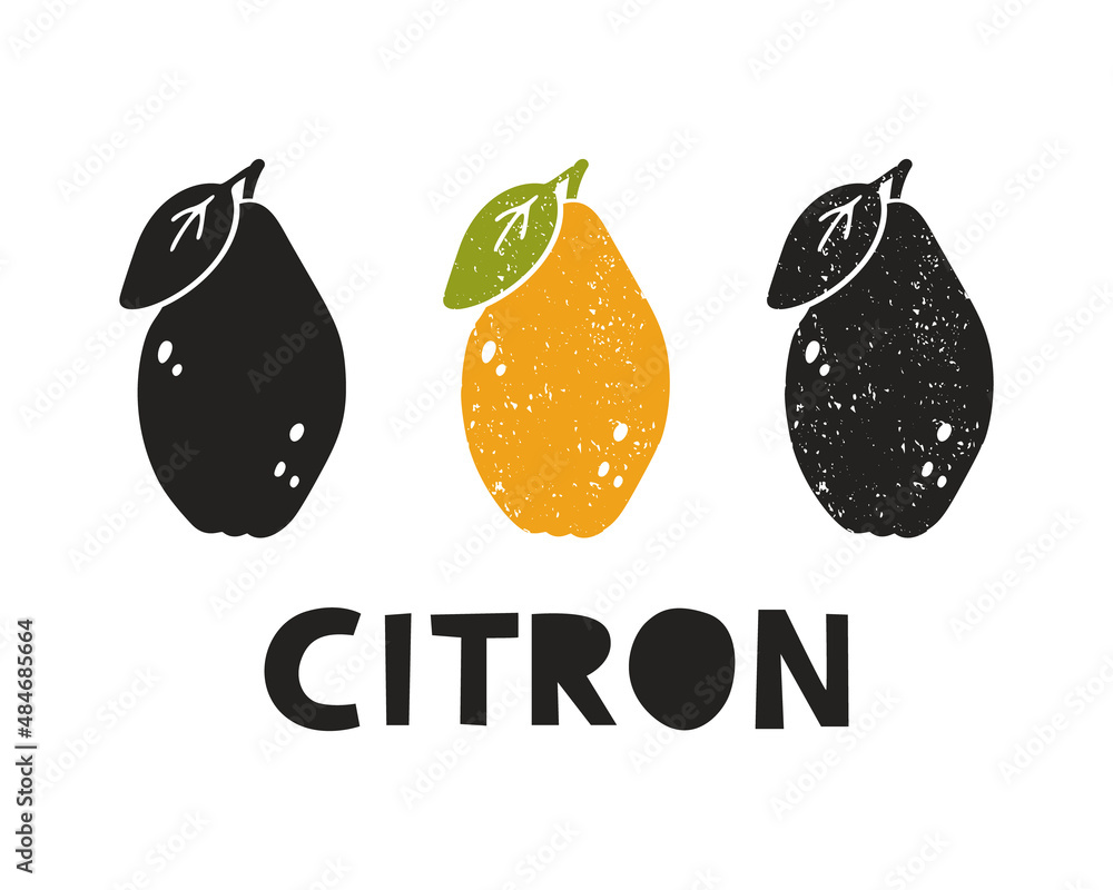 Citron, silhouette icons set with lettering. Imitation of stamp, print with scuffs. Simple black ...