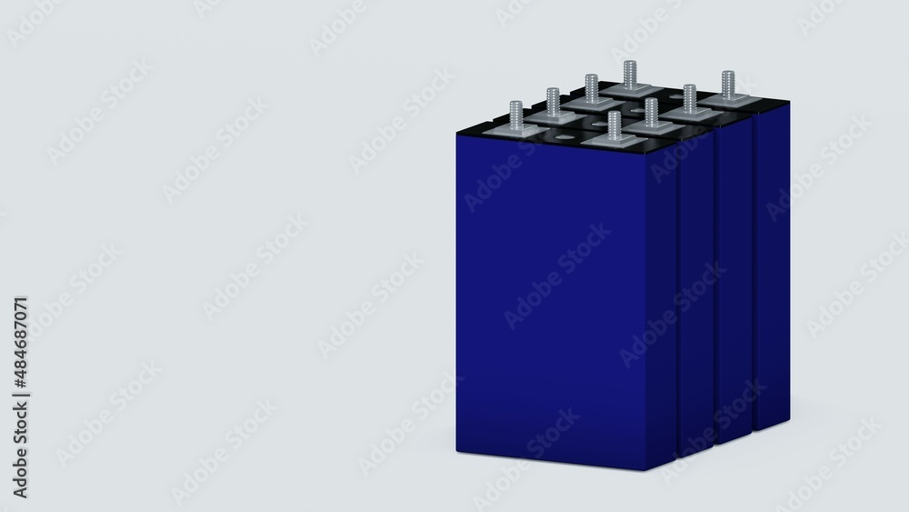 A stack of lithium iron phosphate LiFePO4 (LFP) cells isolated for an ...