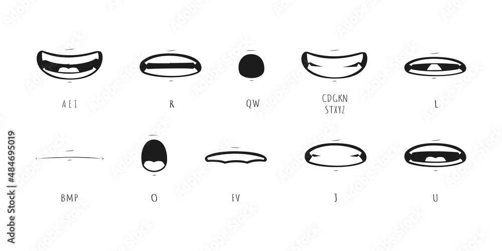 Mouth lips song expression set. Lip poses for cartoon character face ...