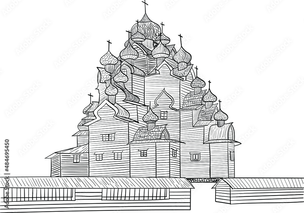 the old Russian church made of wooden logs, the ancient architecture of ...