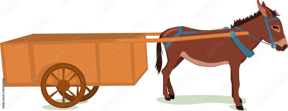 vector illustration of a brown donkey harnessed to a wooden cart ...