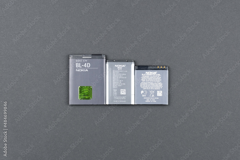Prague, CZ - 20 January 2022: Used li-ion Nokia batteries in various ...
