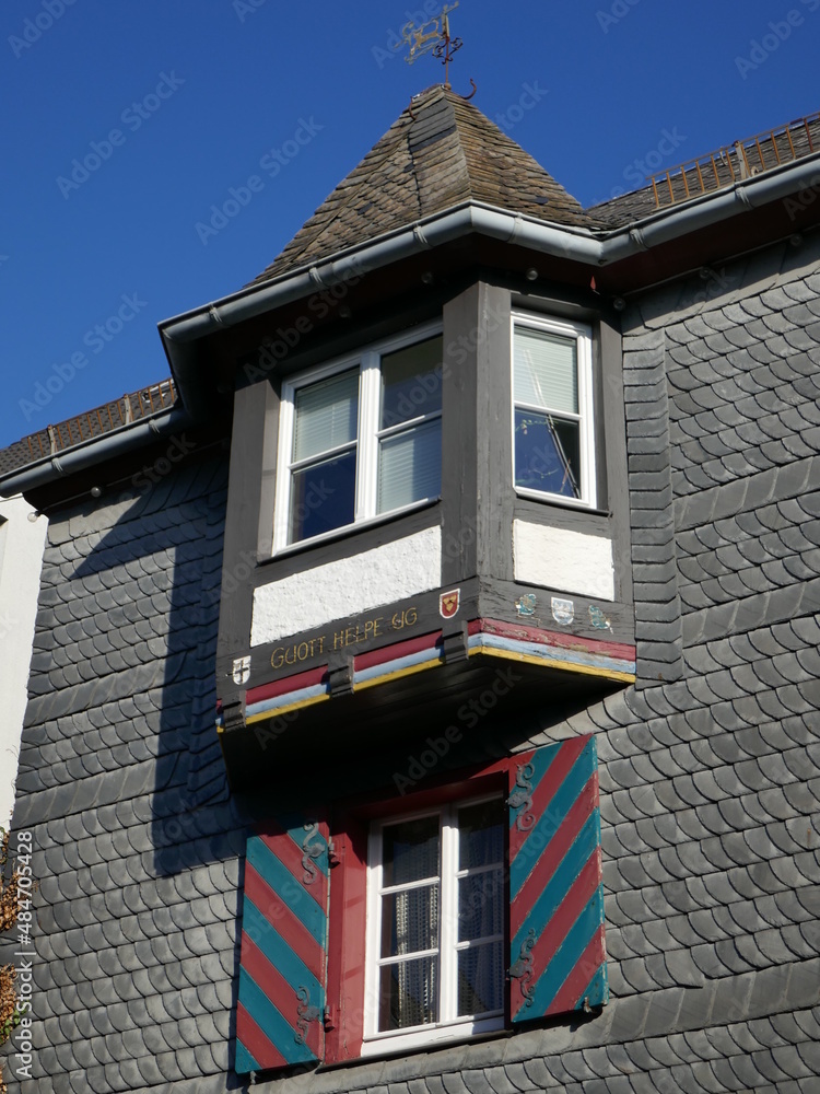 Bay window on a historic building in the old town of Arnsberg ...