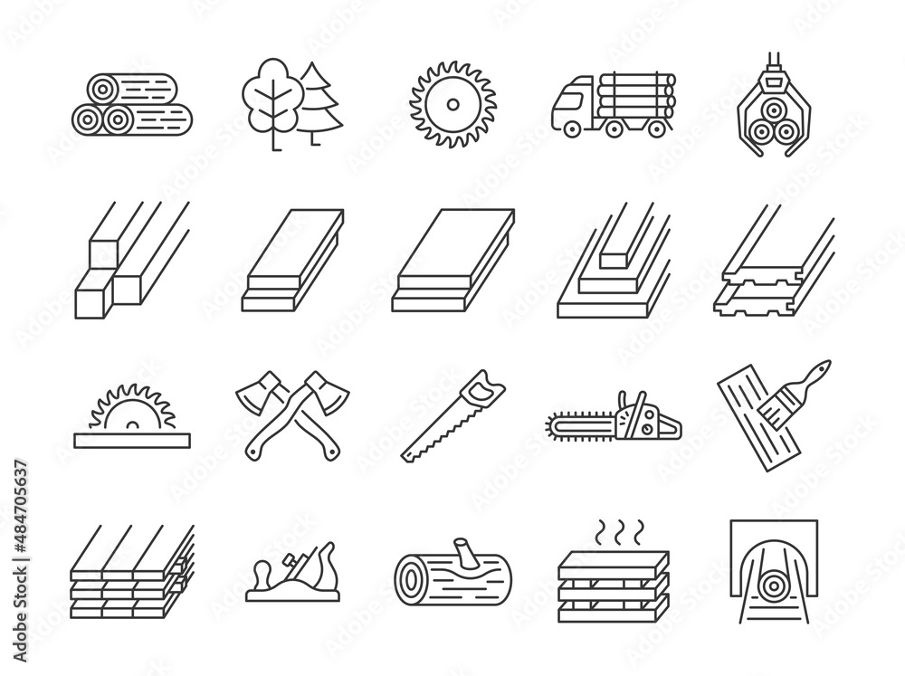 Lumber line icon set. Sawmill collection with log, axe, logging truck ...