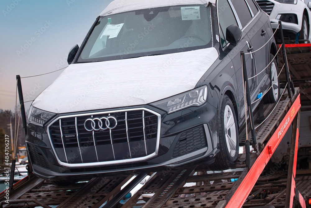 Minsk, Belarus. Feb 2022. New Audi car on car carrier trailer at ...