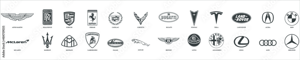 Big Set of popular logos of cars brands: Audi, Mercedes, BMW, Aston ...
