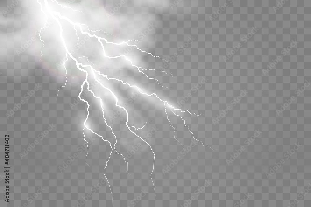 Vector image of realistic lightning. Flash of thunder on a transparent ...