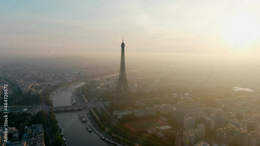 Establishing Aerial Panorama of Paris Skyline with Eiffel Tower as main ...