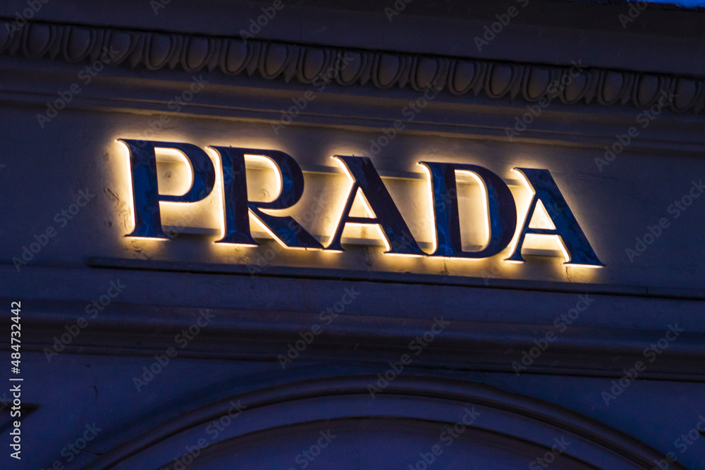 prada logo sign night shot fashion luxury brand Stock Photo | Adobe Stock