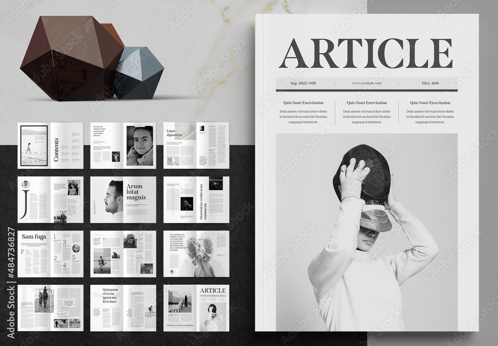 Magazine Layout with Gray Accents Stock Template | Adobe Stock
