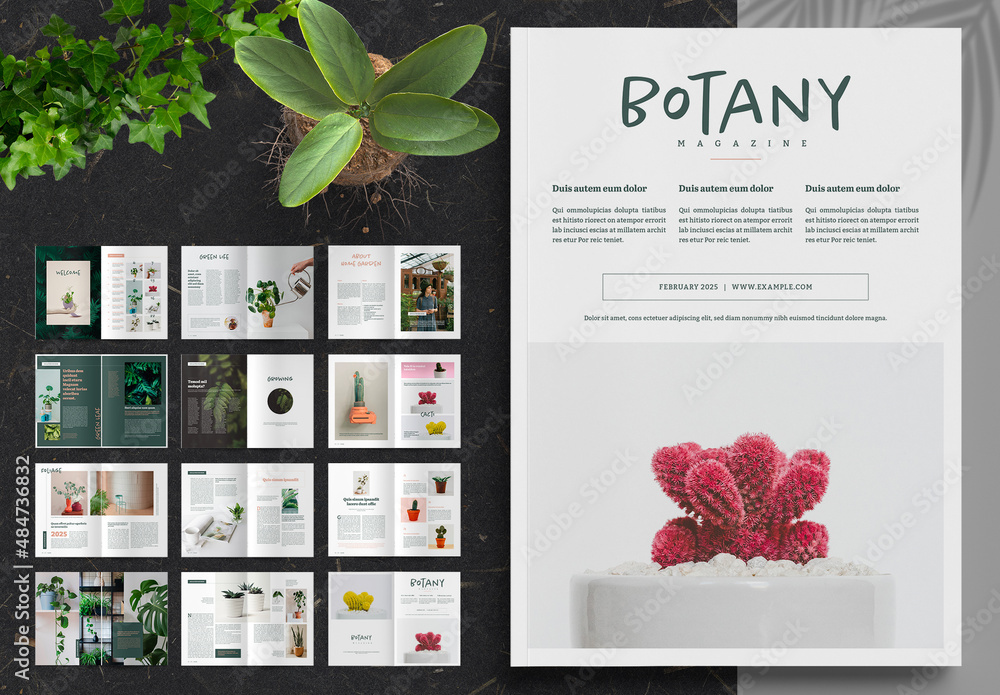 Botany Magazine Layout with Green and Pink Accents Stock Template ...
