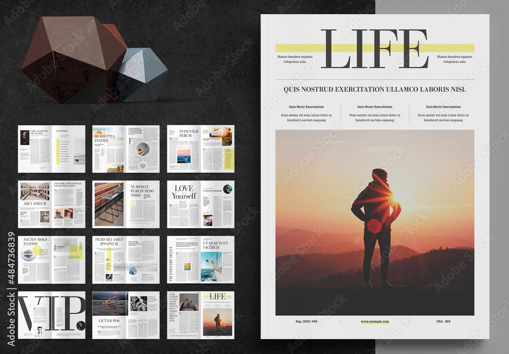Magazine Layout with Yellow Accents Stock Template | Adobe Stock