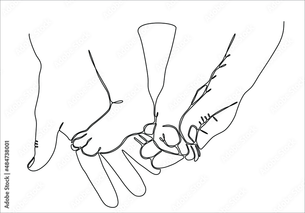 Single continuous line drawing Baby feet in mother hands. Tiny Newborn ...