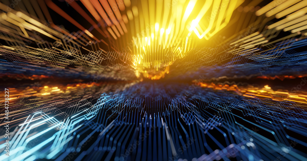 Lightning fast internet speed. Bright neon circuit lights in direct ...