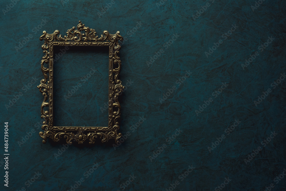 Vintage openwork bronze metal frame on a old wall background Stock ...