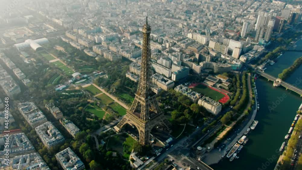 Aerial Panorama of Paris Cityscape with Eiffel Tower on Champ de Mars ...