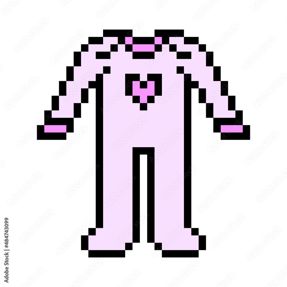 Pixel art pink footed infant sleepsuit with heart symbol isolated on ...