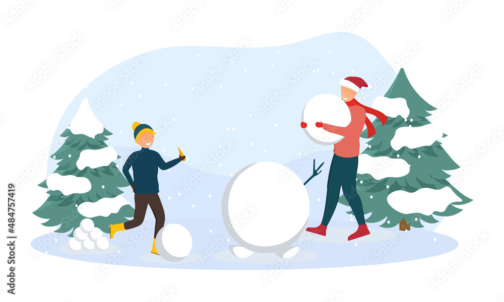 Christmas holiday concept. Father and son building snowman. Funny and ...