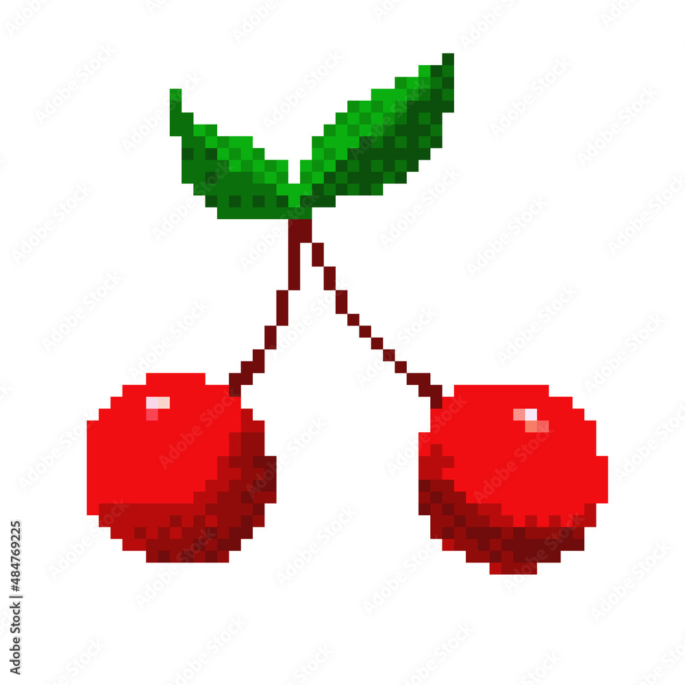 Vector pixel art illustration of two cherries isolated at white ...