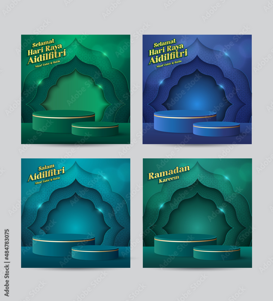 Hari Raya festival with Islamic graphic elements and round stage podium ...