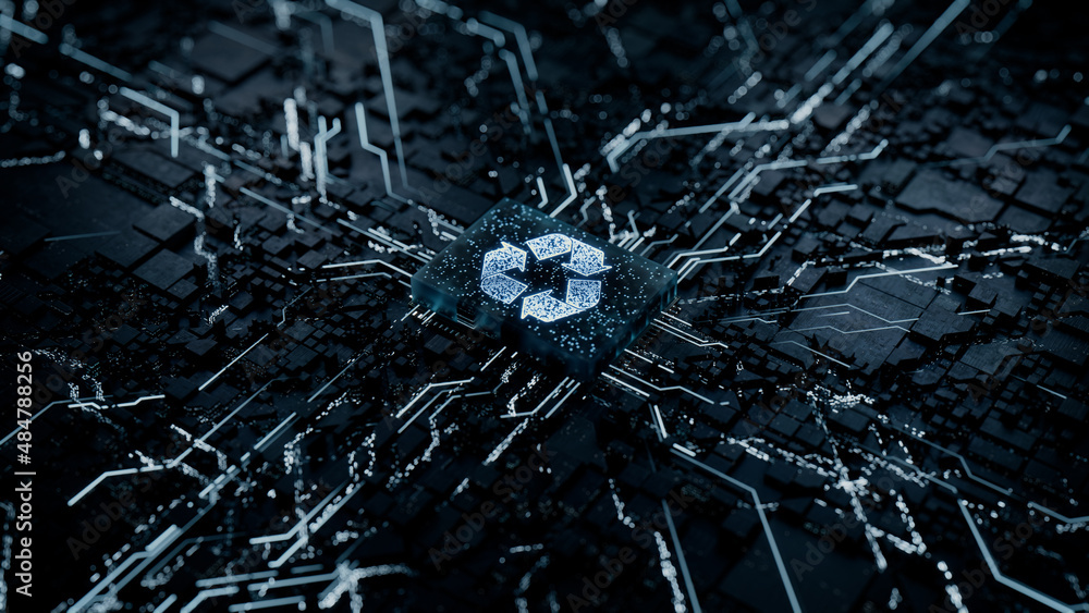 Eco Technology Concept with recycle symbol on a Microchip. Data flows ...