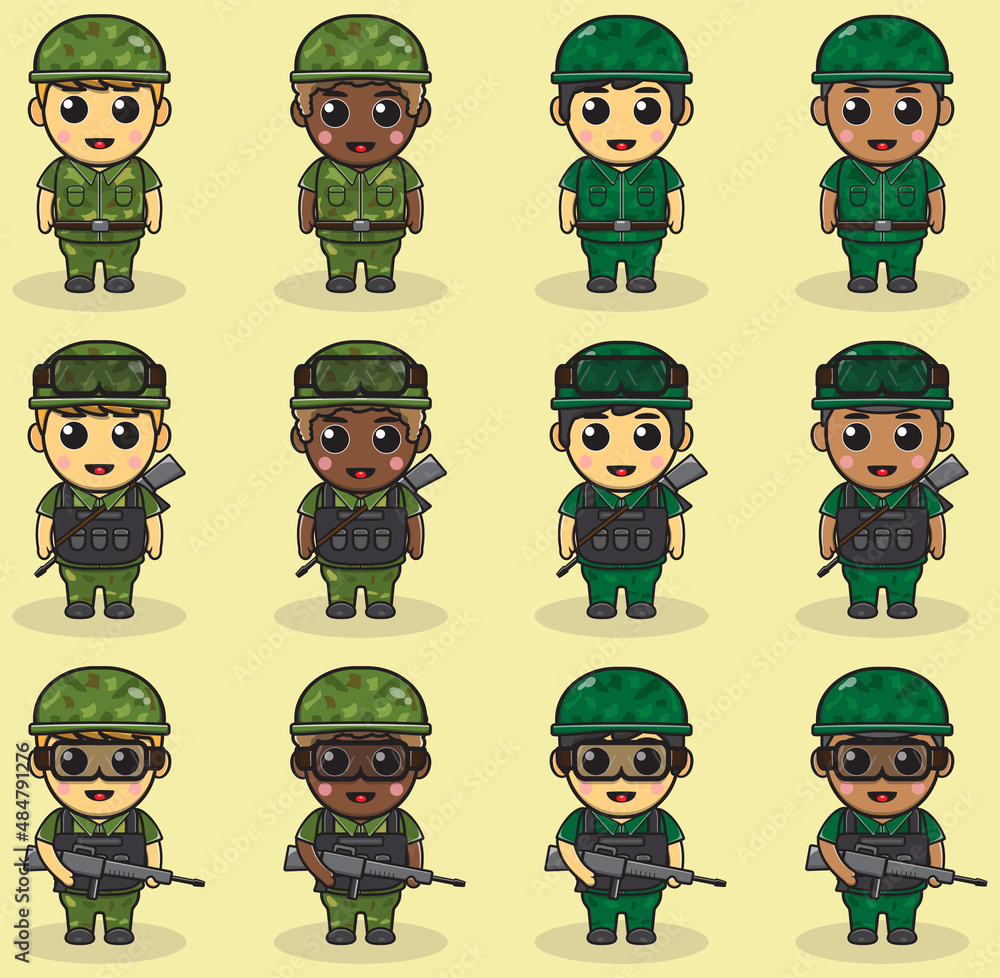 Cute Boy Army cartoon bundle. flat boy cartoon character design ...