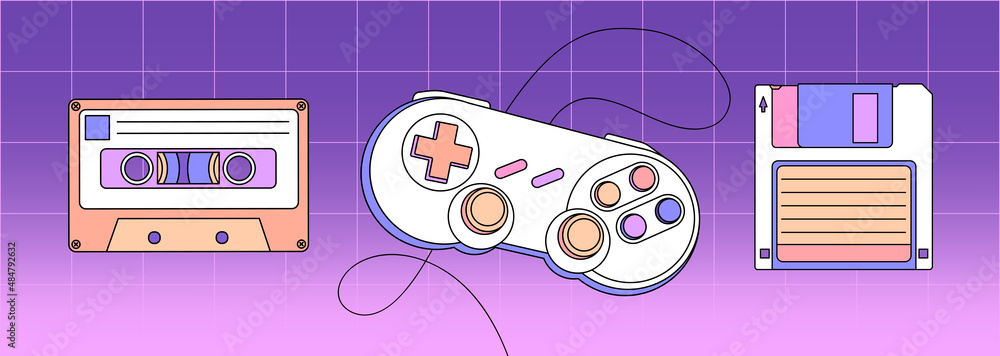 Various Retro Electronic Devices Floppy Disk Or Diskette Cassette Gamepad Set Of 80s 90s