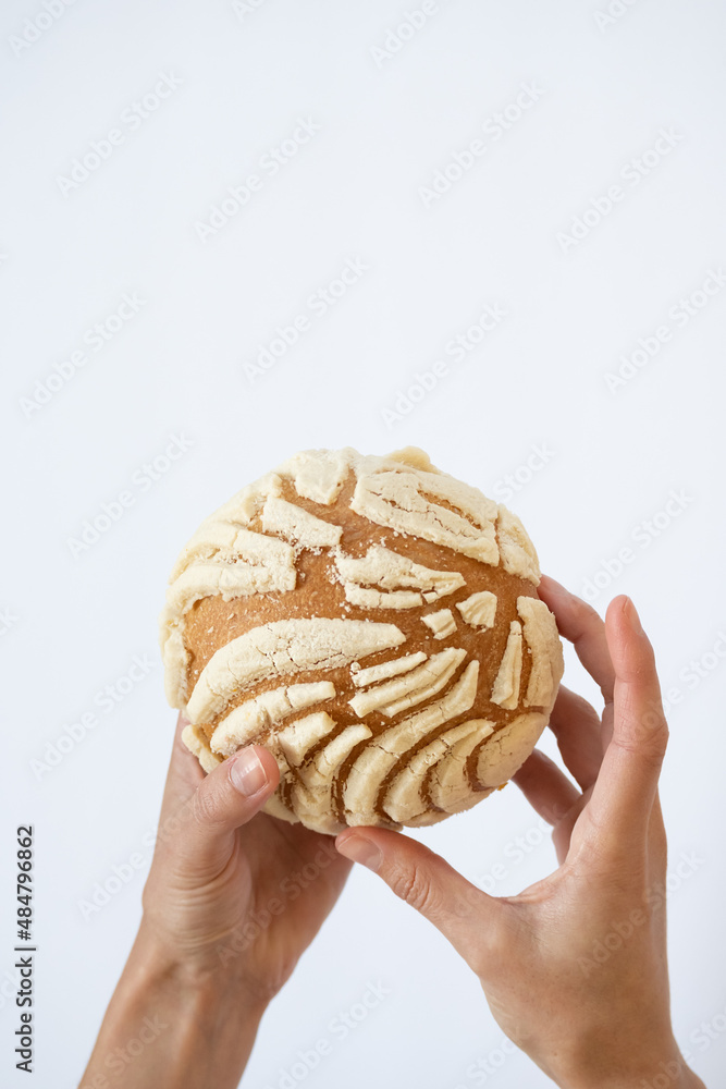 Vertical photo of two hands holding Mexican concha Stock Photo | Adobe ...