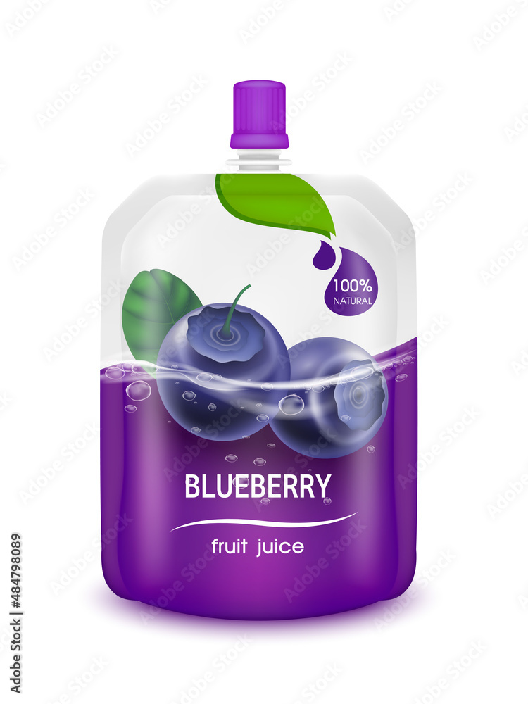 Blueberry juice jelly drink in foil pouch with top cap and design of ...