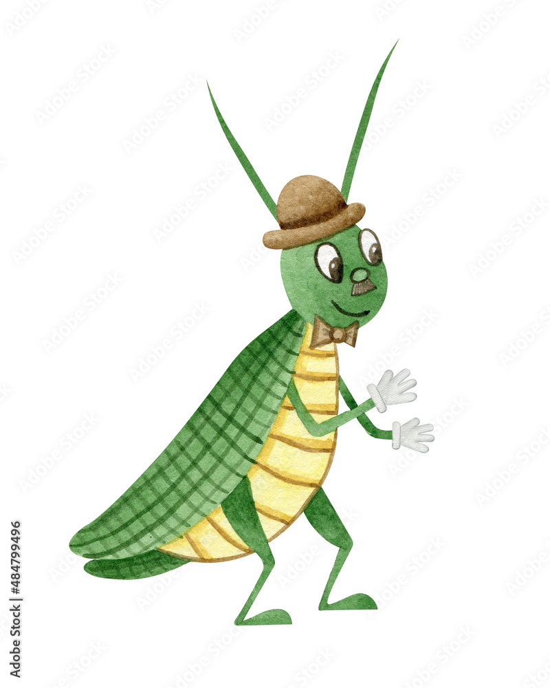 Watercolor cute cartoon grasshopper character. Insect hand drawn ...