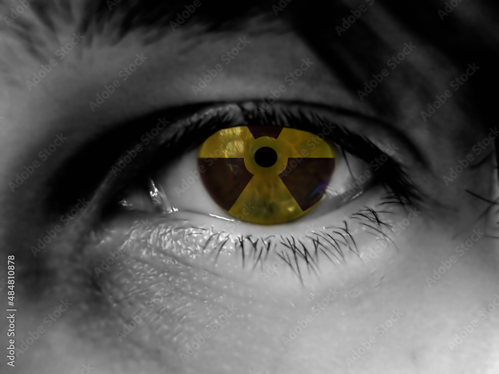 black and white part of face, radiation warning reflection in eye Stock ...