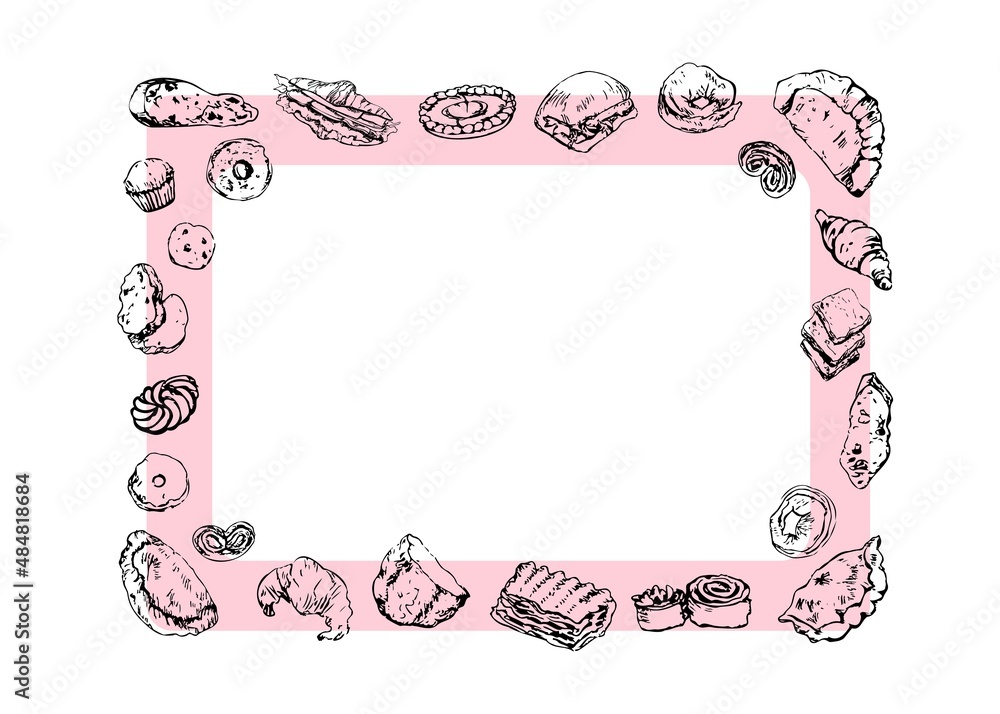 Bread and bakery goods line art. Hand drawn editable rectangular frame ...