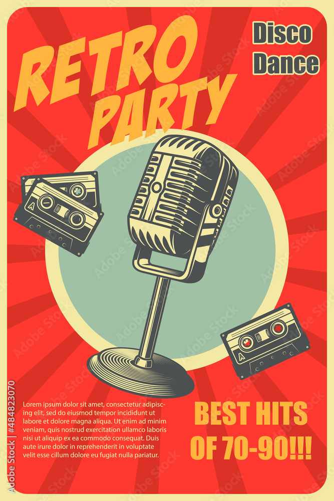 Retro party. Poster template with retro style microphone. Design ...