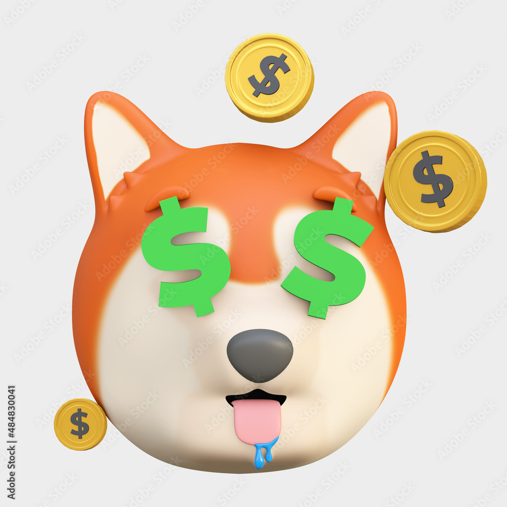 cute dog money face expression emoticon with coin cartoon 3d render ...