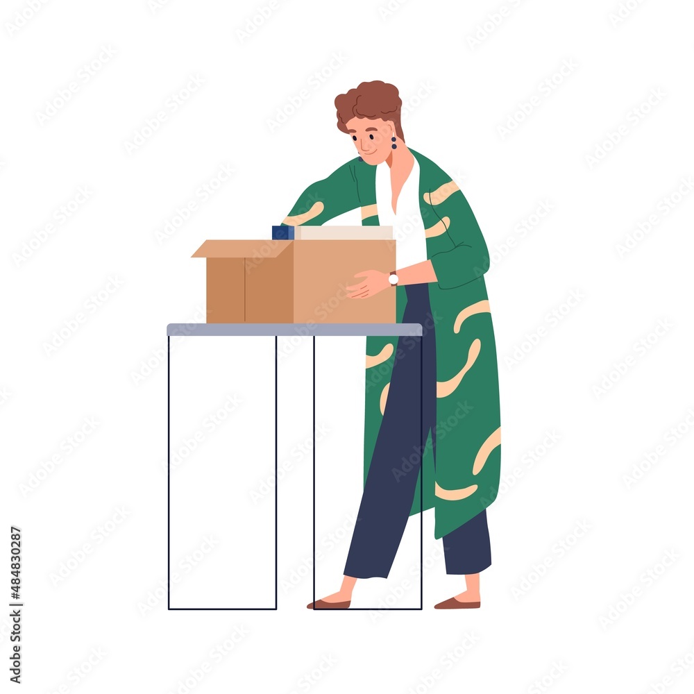 Person packing cardboard box, putting stuff in package for moving and ...