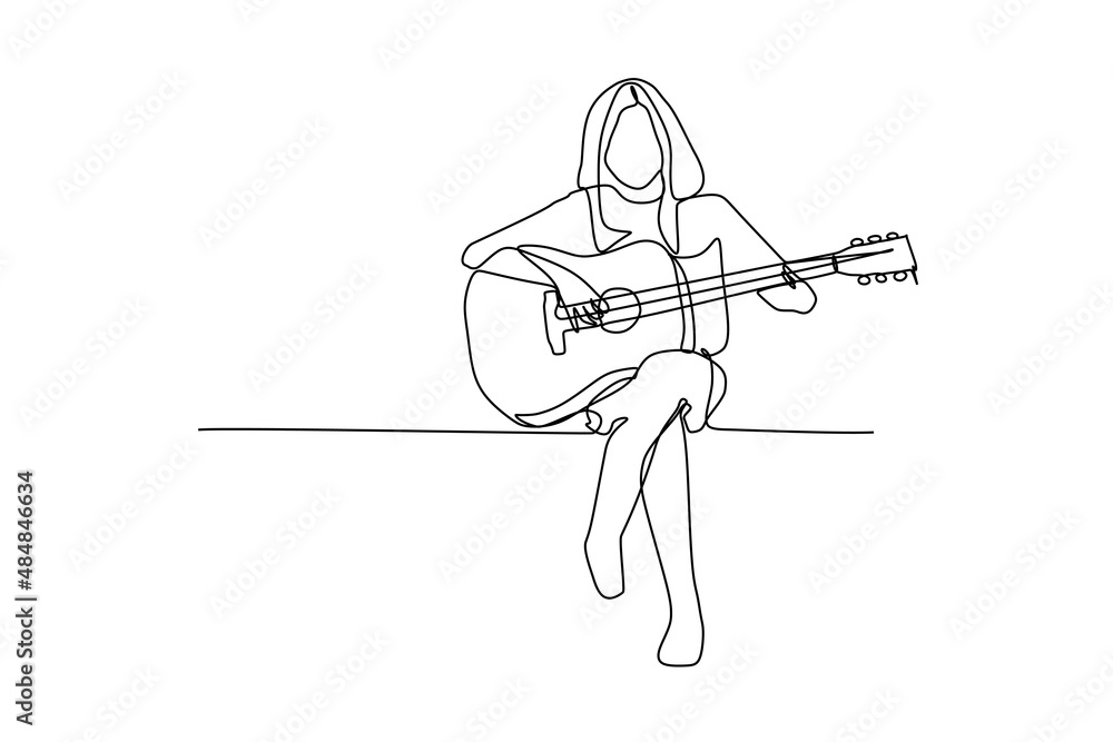 Continuous one line drawing of a female sitting guitarist playing ...