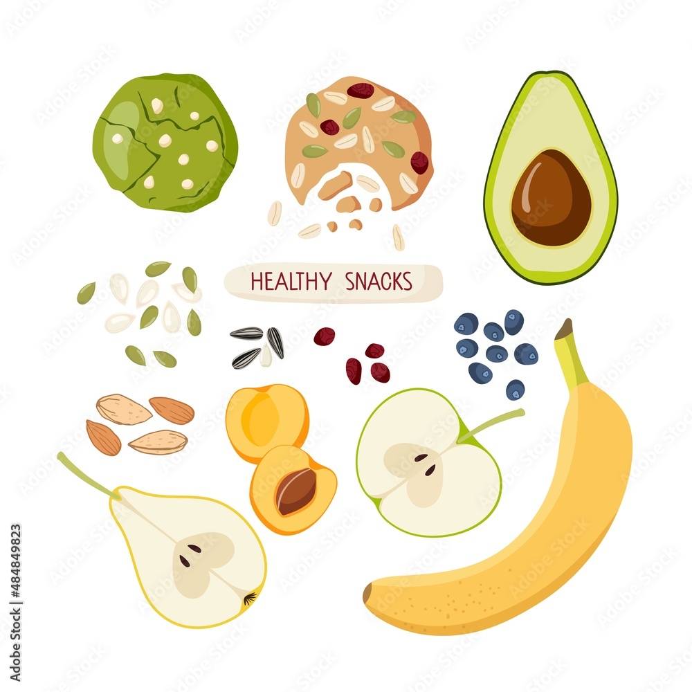 Healthy and delicious snacks. Matcha and oat coookies, fruits, berry ...