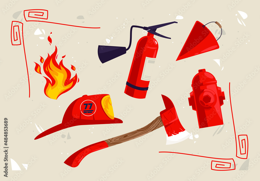 vector illustration of a group of fire-themed objects, hydrant, fireman ...