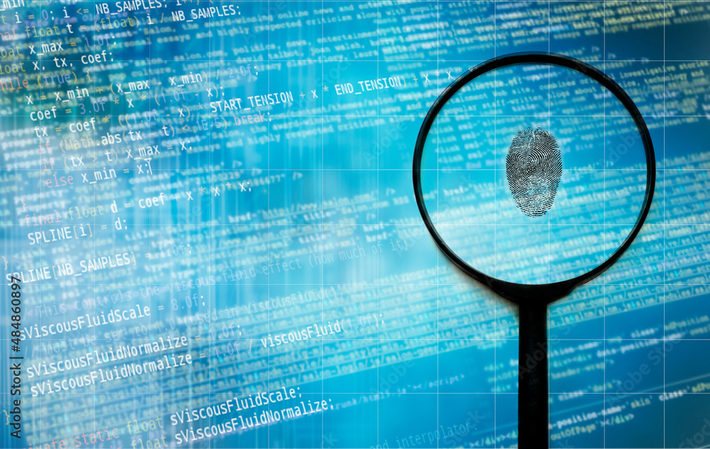 fingerprint, magnifier and computer code, concept for digital ...