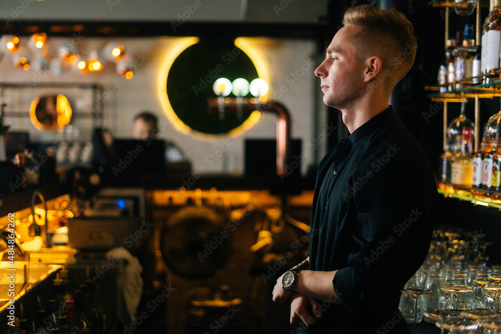 Side view of handsome young barman standing near bar counter waiting ...