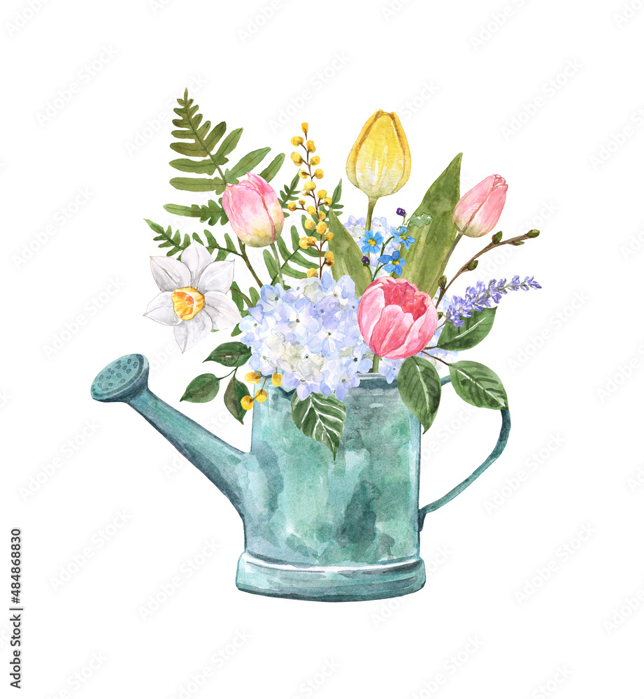 Watercolor floral arrangement in a watering can. Hand painted spring ...